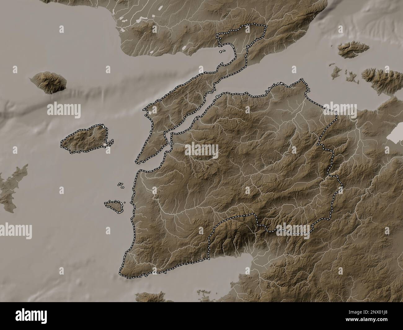 Canakkale, province of Turkiye. Elevation map colored in sepia tones ...
