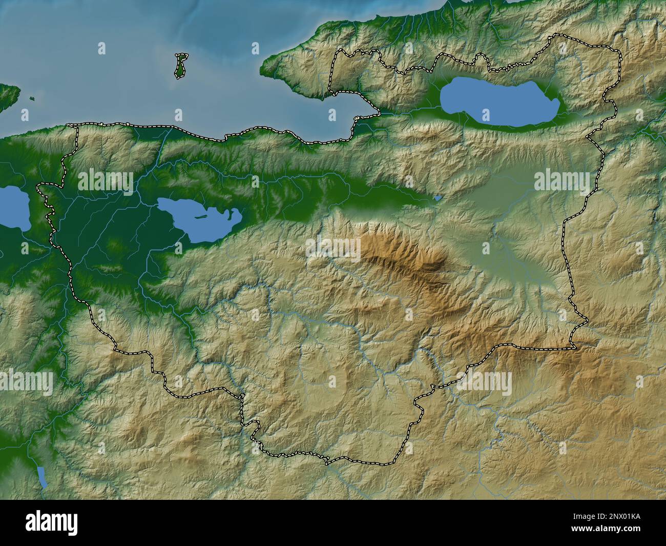 Bursa, province of Turkiye. Colored elevation map with lakes and rivers ...