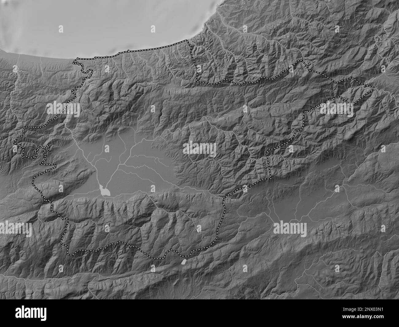 Duzce, province of Turkiye. Grayscale elevation map with lakes and ...