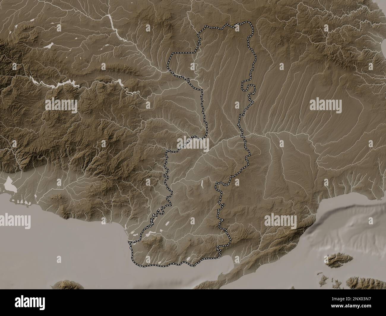 Edirne, province of Turkiye. Elevation map colored in sepia tones with ...