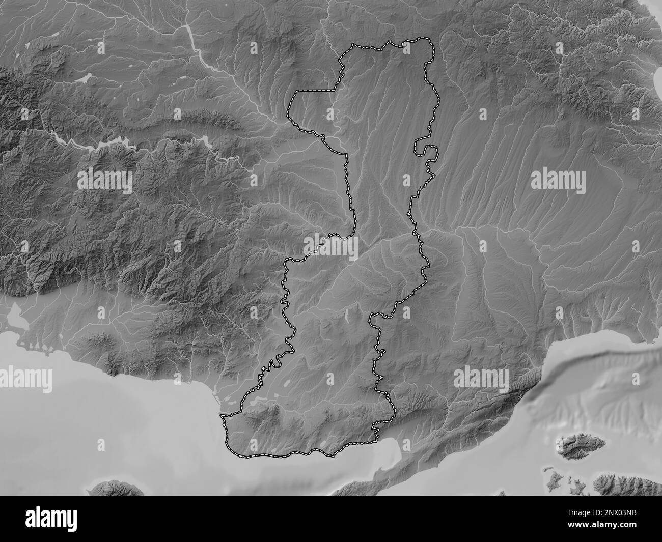 Edirne, province of Turkiye. Grayscale elevation map with lakes and ...