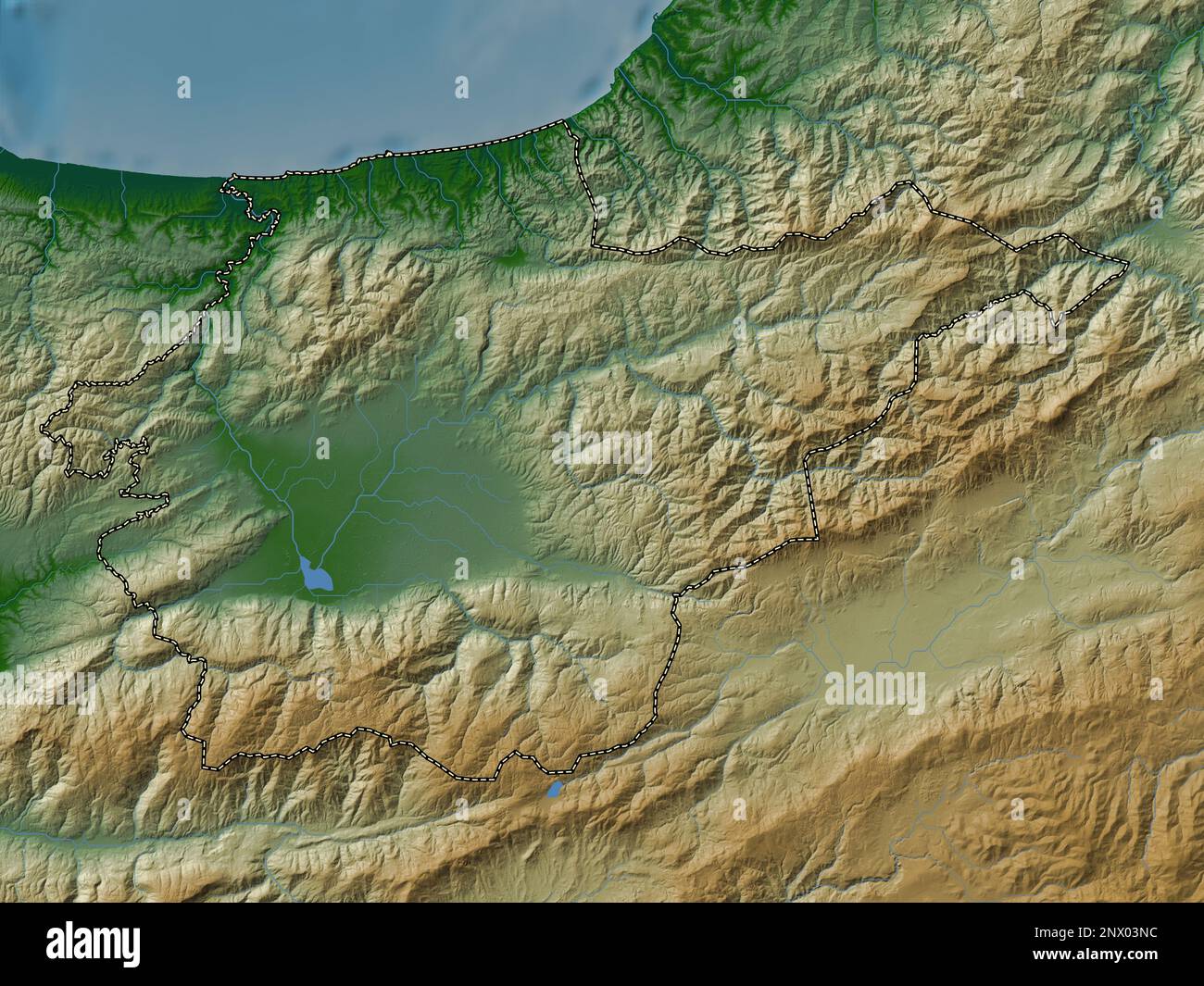 Duzce, province of Turkiye. Colored elevation map with lakes and rivers ...