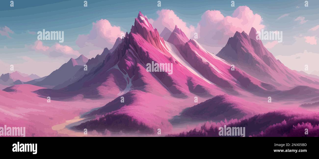 Beautiful pink mountain landscape, peaceful nature, background, banner ...