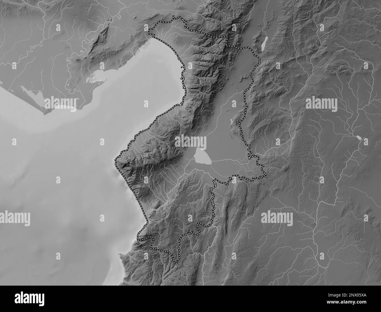 Hatay, province of Turkiye. Grayscale elevation map with lakes and ...