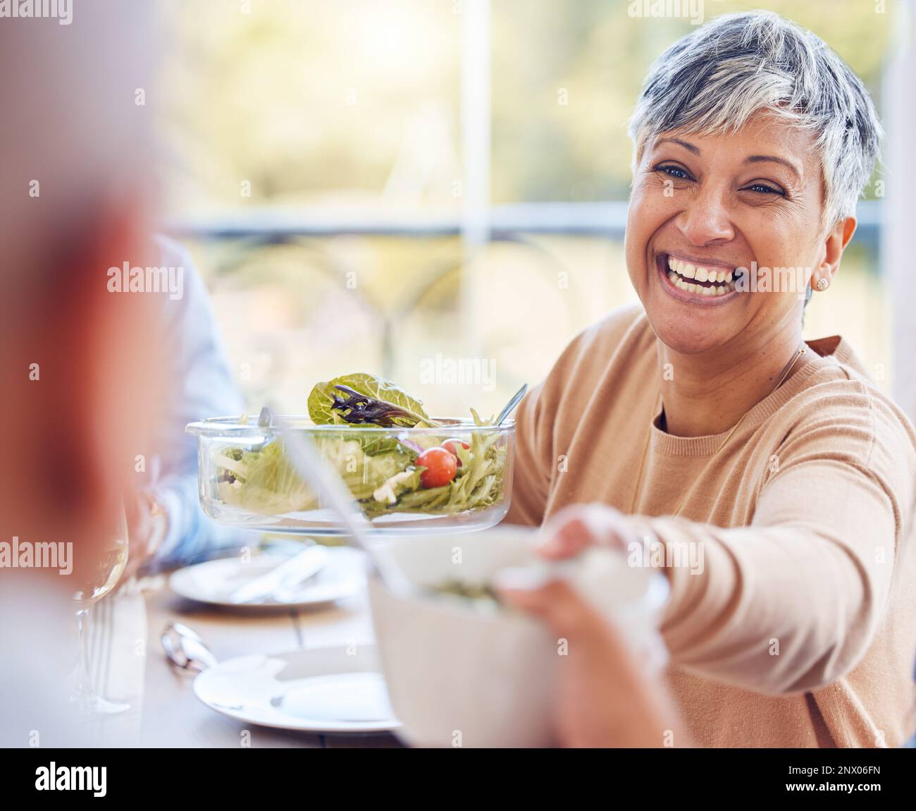 Pass salad food, lunch and happy people at brunch celebration event for ...