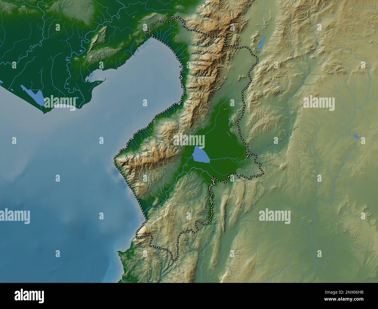 Hatay, province of Turkiye. Colored elevation map with lakes and rivers ...