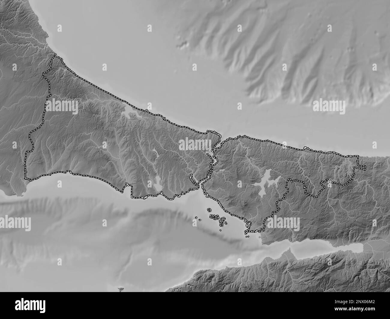 Istanbul, province of Turkiye. Grayscale elevation map with lakes and ...