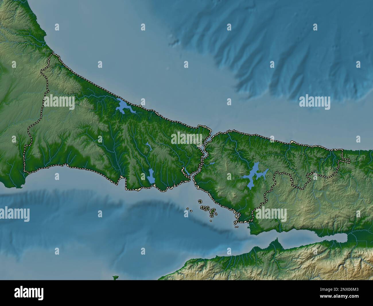 Istanbul, province of Turkiye. Colored elevation map with lakes and ...