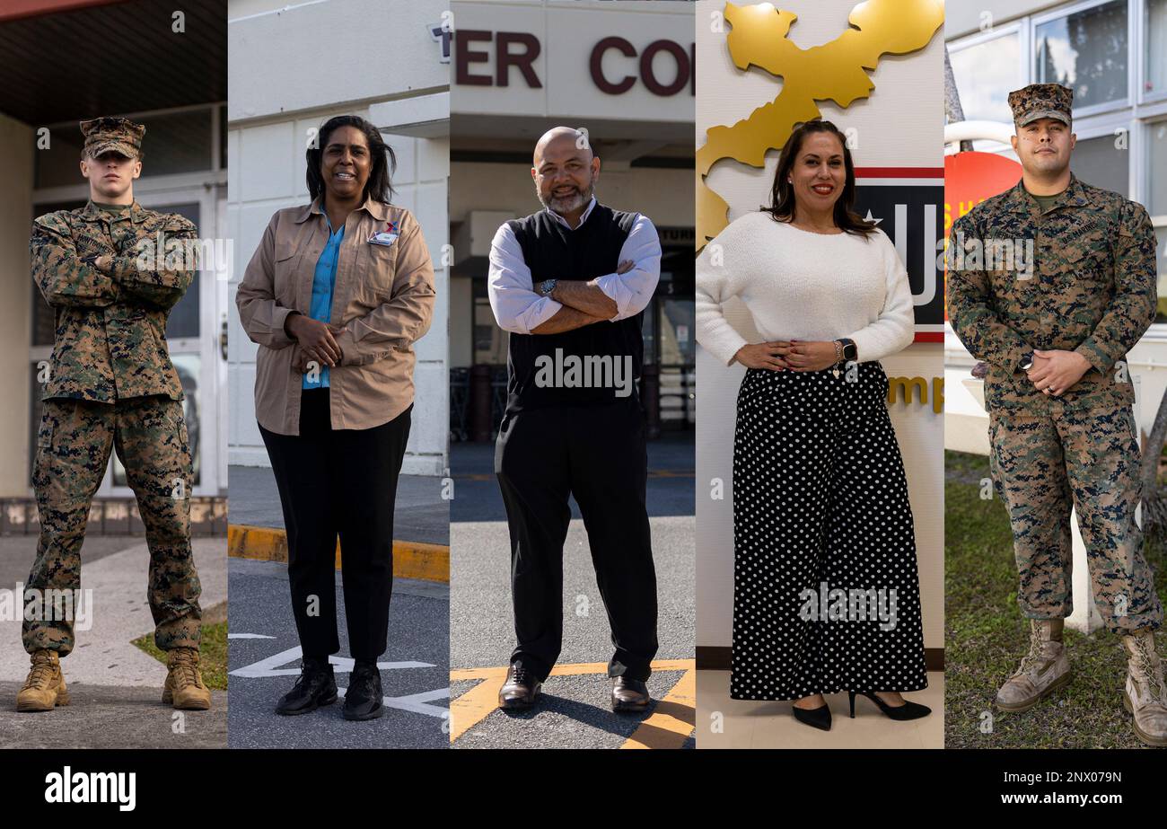 U.S. Marines and civilians stationed on Camp Foster pose for portraits ...