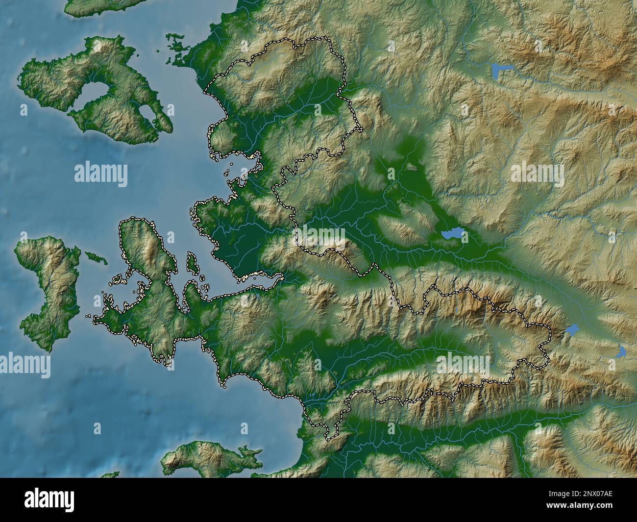 Izmir, province of Turkiye. Colored elevation map with lakes and rivers ...