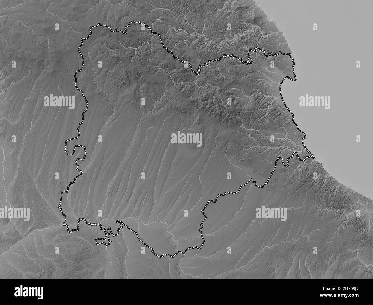 Kirklareli, province of Turkiye. Grayscale elevation map with lakes and ...