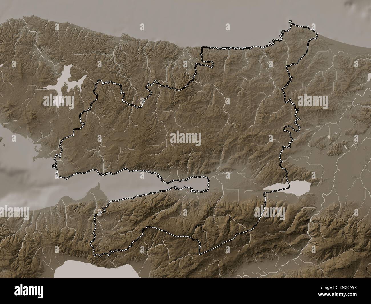 Kocaeli, province of Turkiye. Elevation map colored in sepia tones with ...