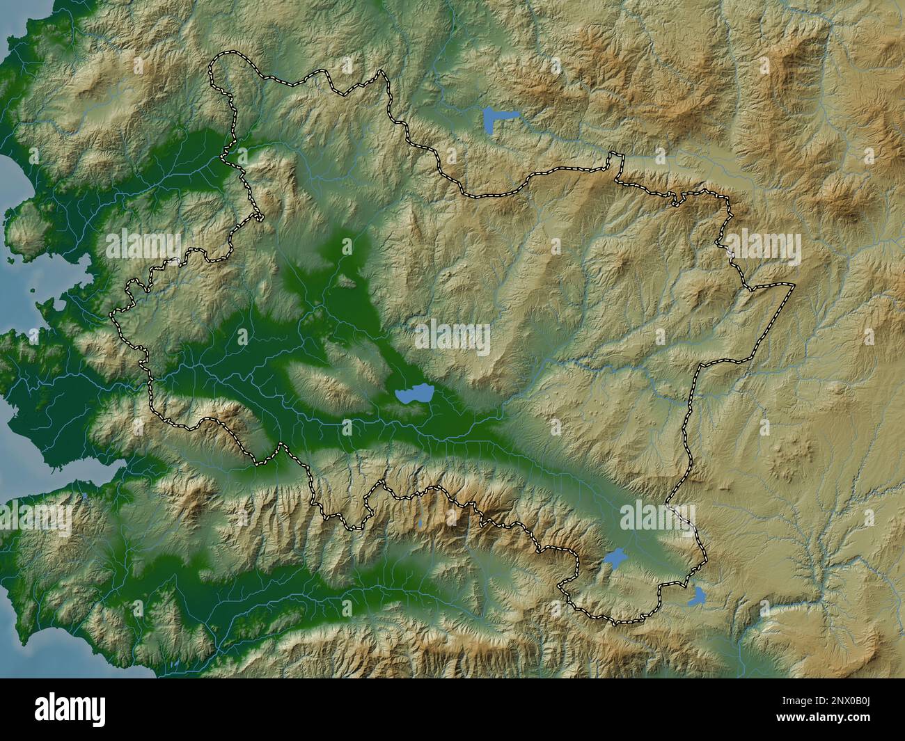 Manisa, province of Turkiye. Colored elevation map with lakes and ...