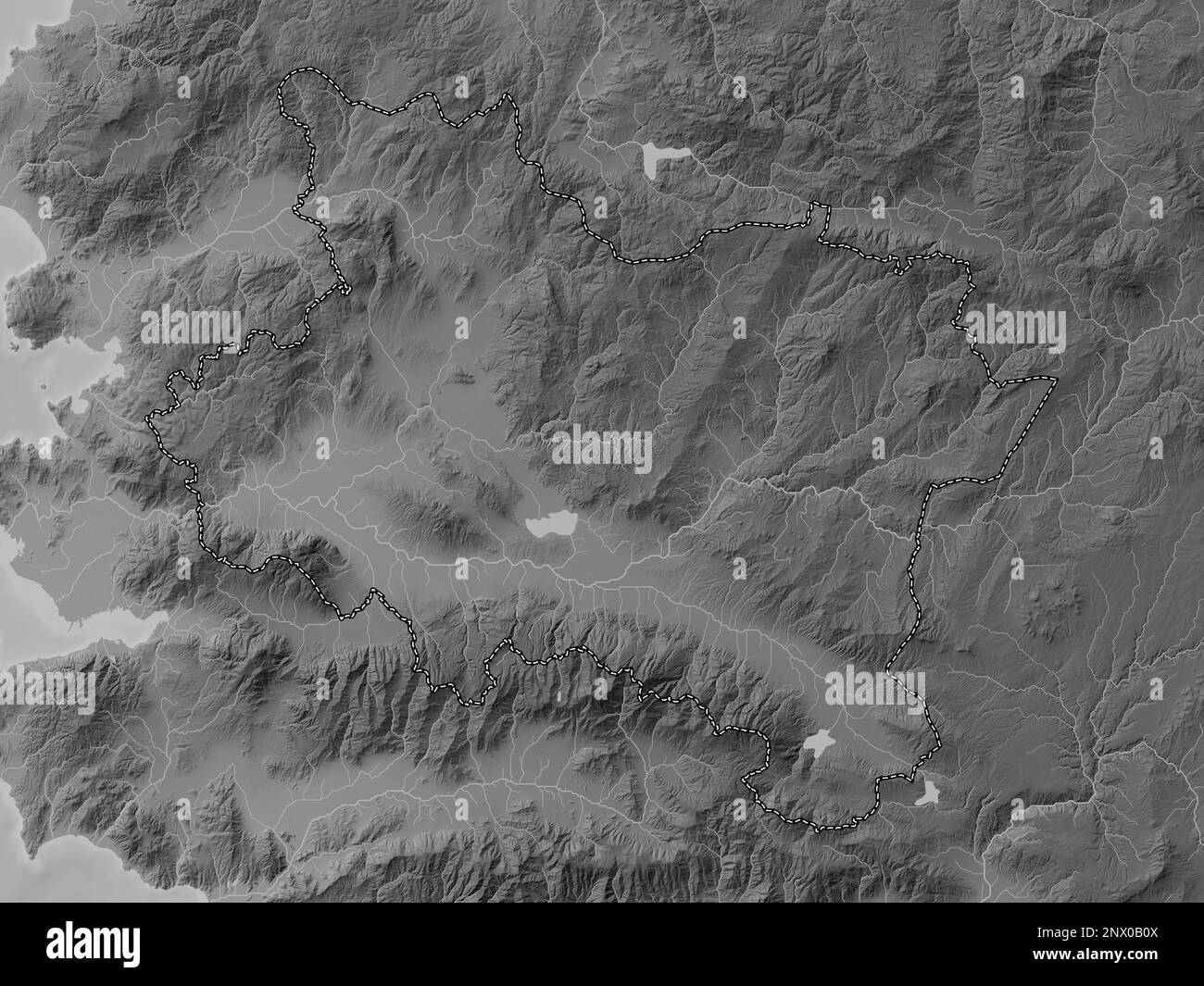 Manisa, province of Turkiye. Grayscale elevation map with lakes and ...