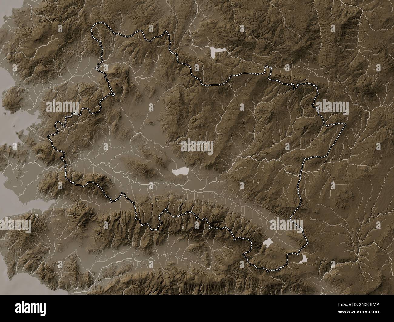 Manisa, province of Turkiye. Elevation map colored in sepia tones with ...