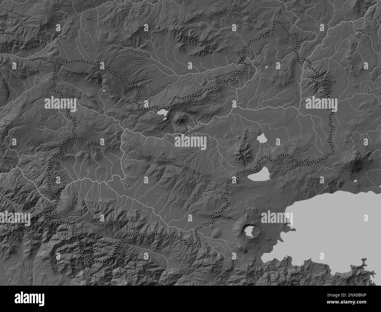 Mus, province of Turkiye. Grayscale elevation map with lakes and rivers ...