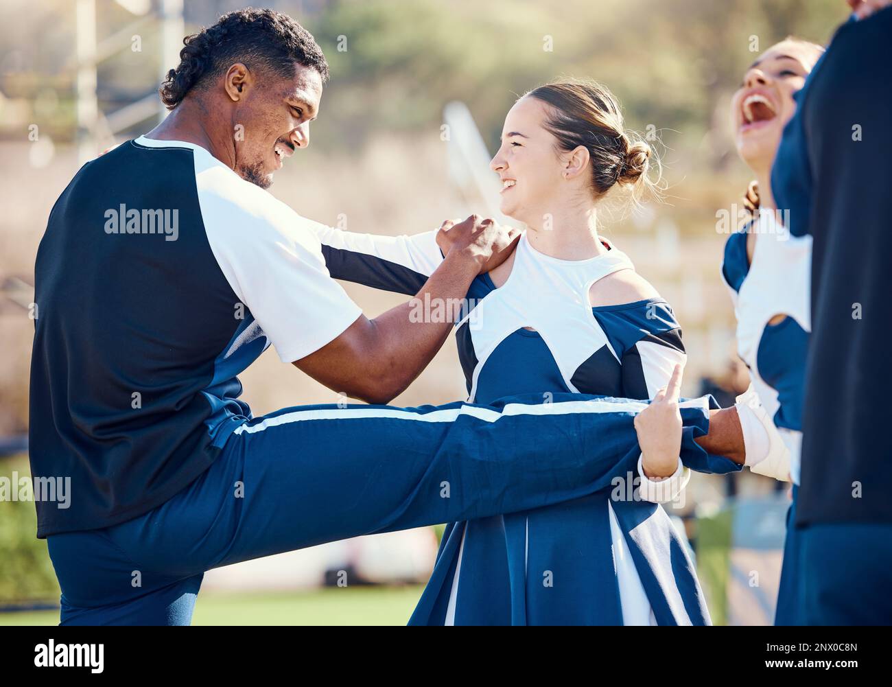Cheerleader, team sport and stretching outdoor for fitness, training ...
