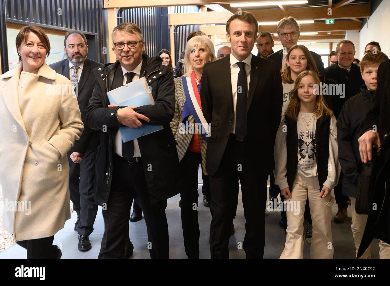 Jarnac, western France, on February 28, 2023. President Emmanuel Macron ...