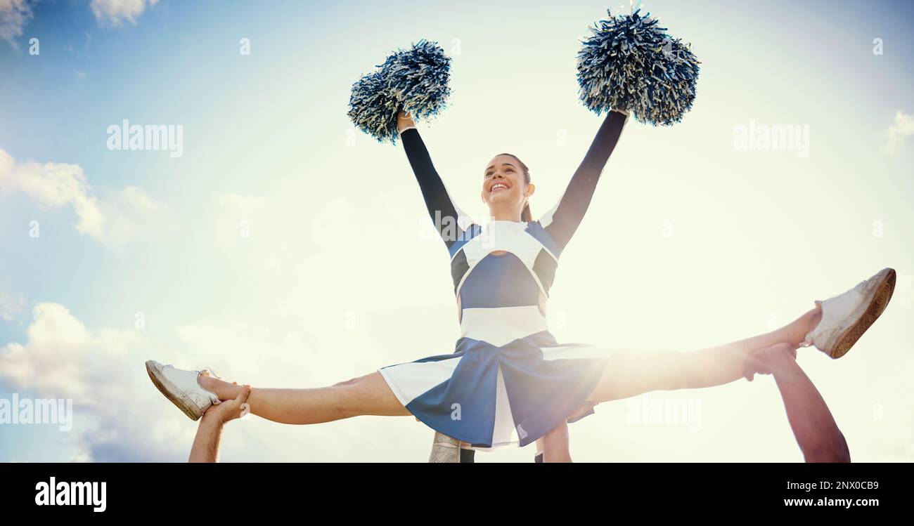 Cheerleader woman, sky and sports performance with smile and energy to ...
