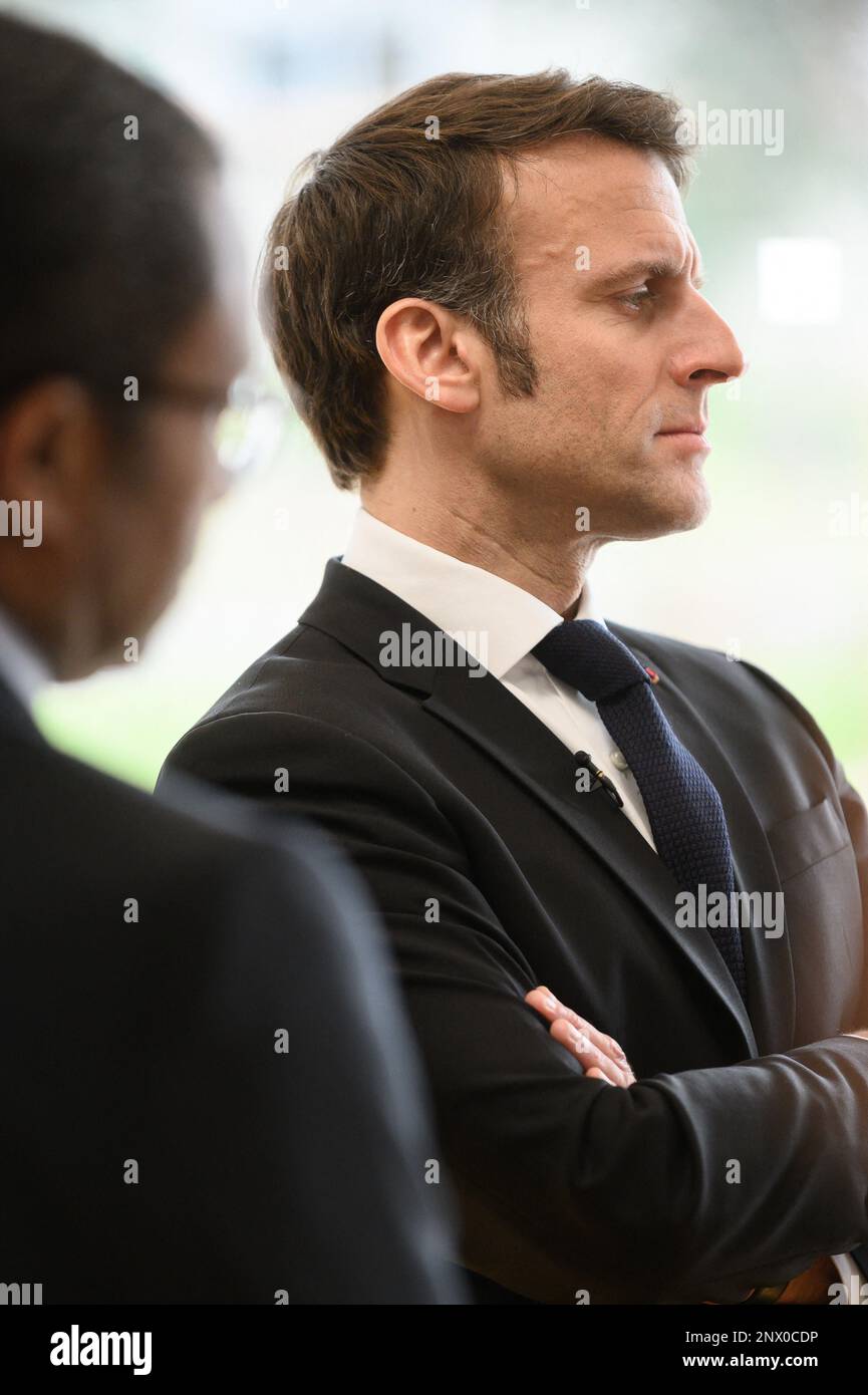 Jarnac, western France, on February 28, 2023. President Emmanuel Macron ...