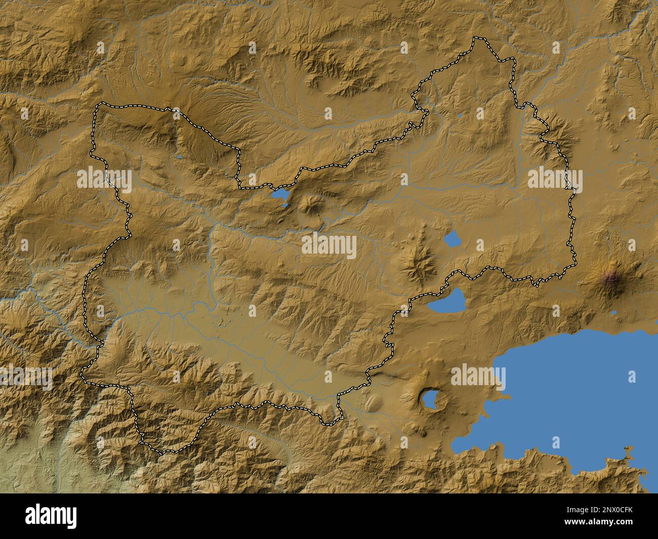 Mus, province of Turkiye. Colored elevation map with lakes and rivers ...