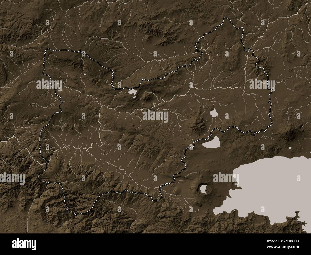 Mus, province of Turkiye. Elevation map colored in sepia tones with ...