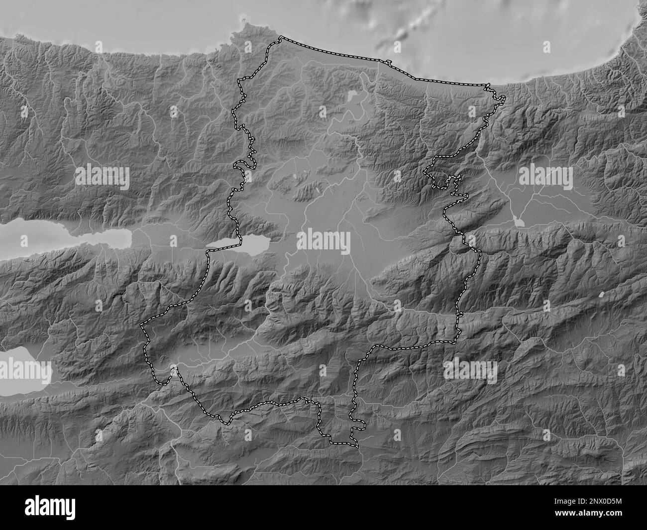 Sakarya, province of Turkiye. Grayscale elevation map with lakes and ...