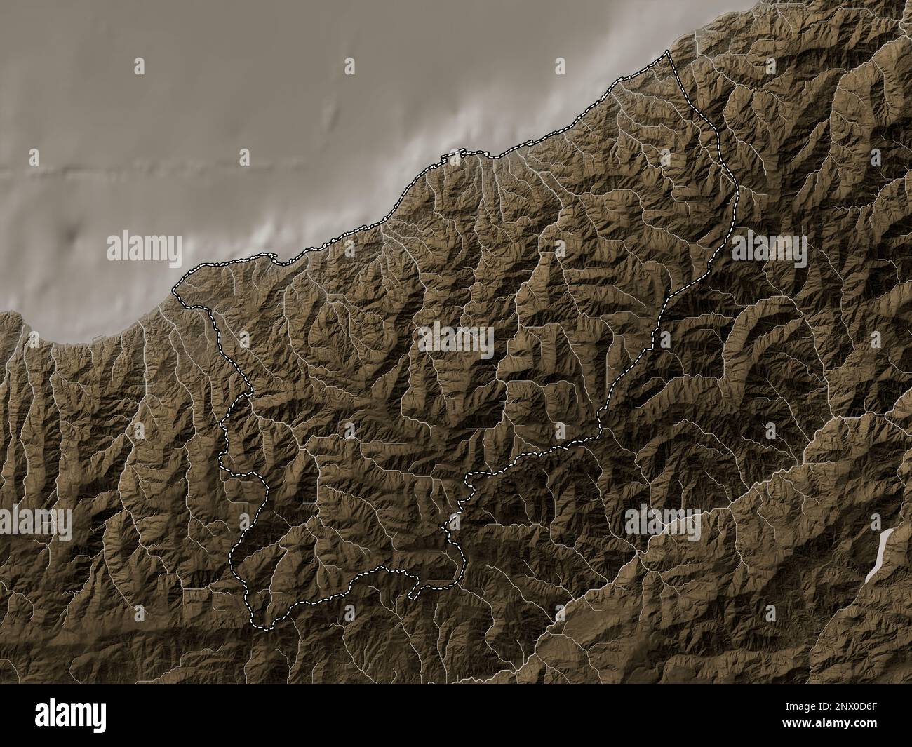Rize, province of Turkiye. Elevation map colored in sepia tones with ...