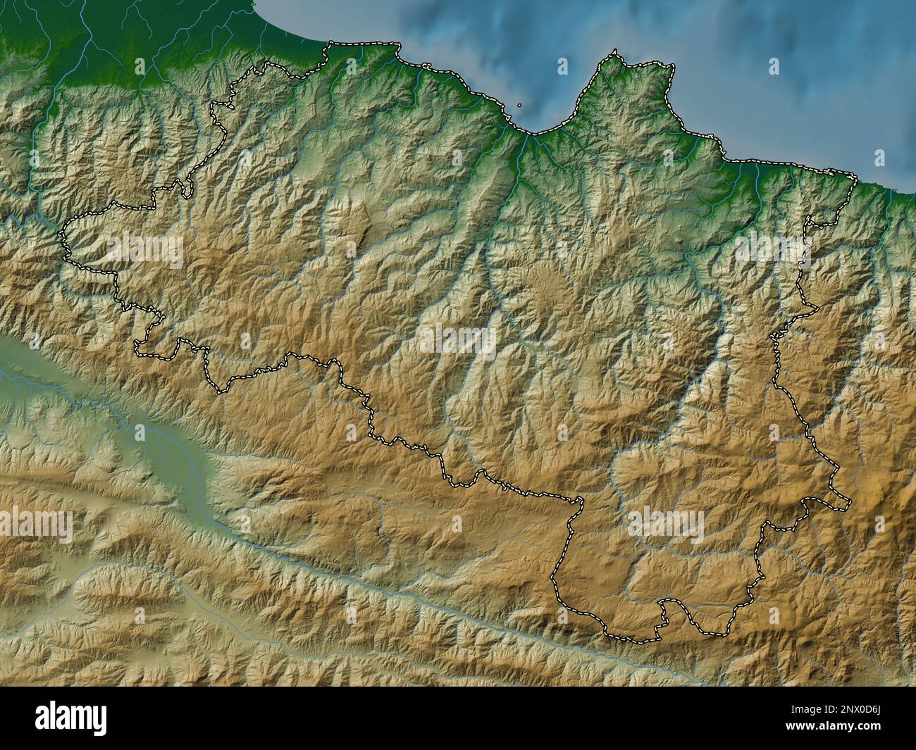 Ordu, province of Turkiye. Colored elevation map with lakes and rivers ...