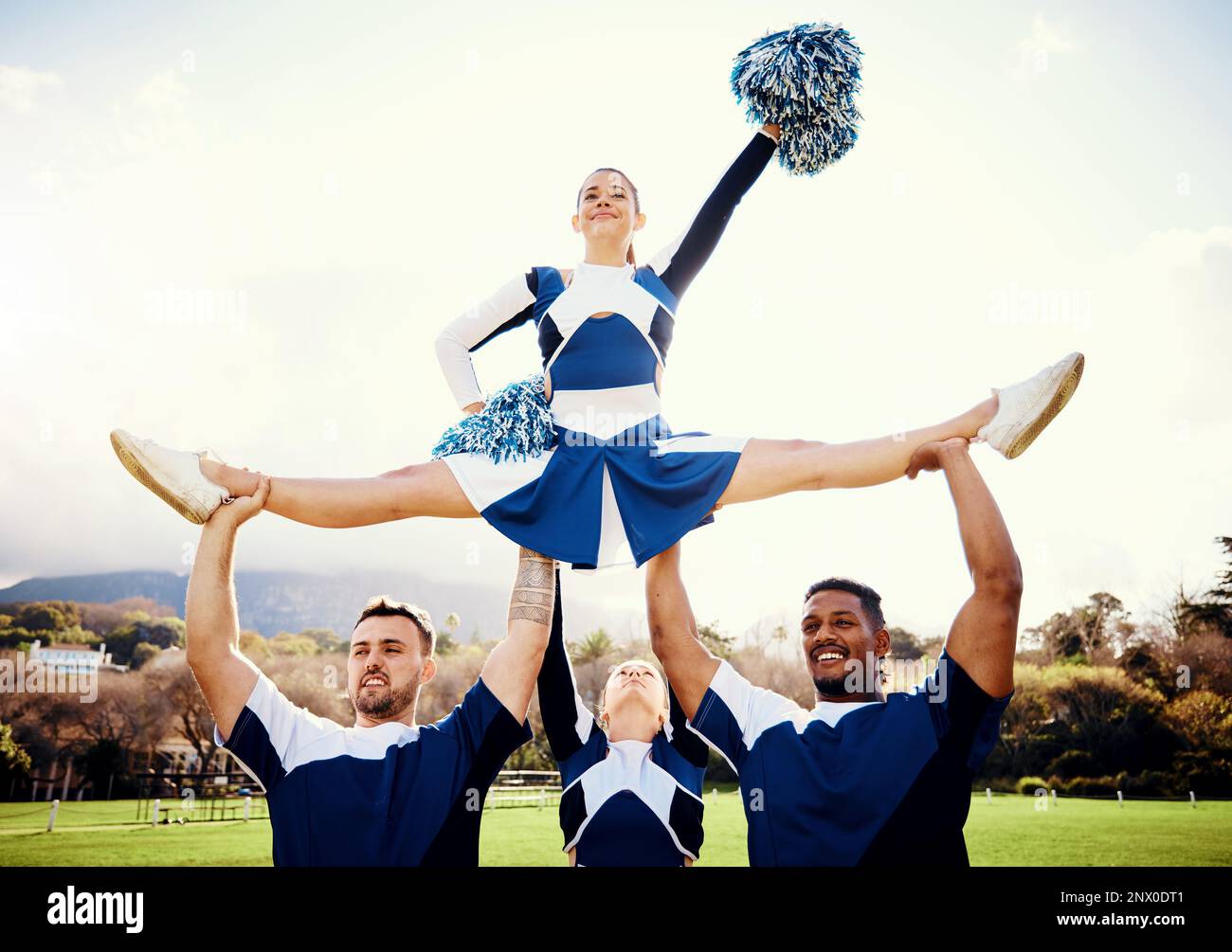 Sports woman, sky and cheerleader performance with smile and energy to ...