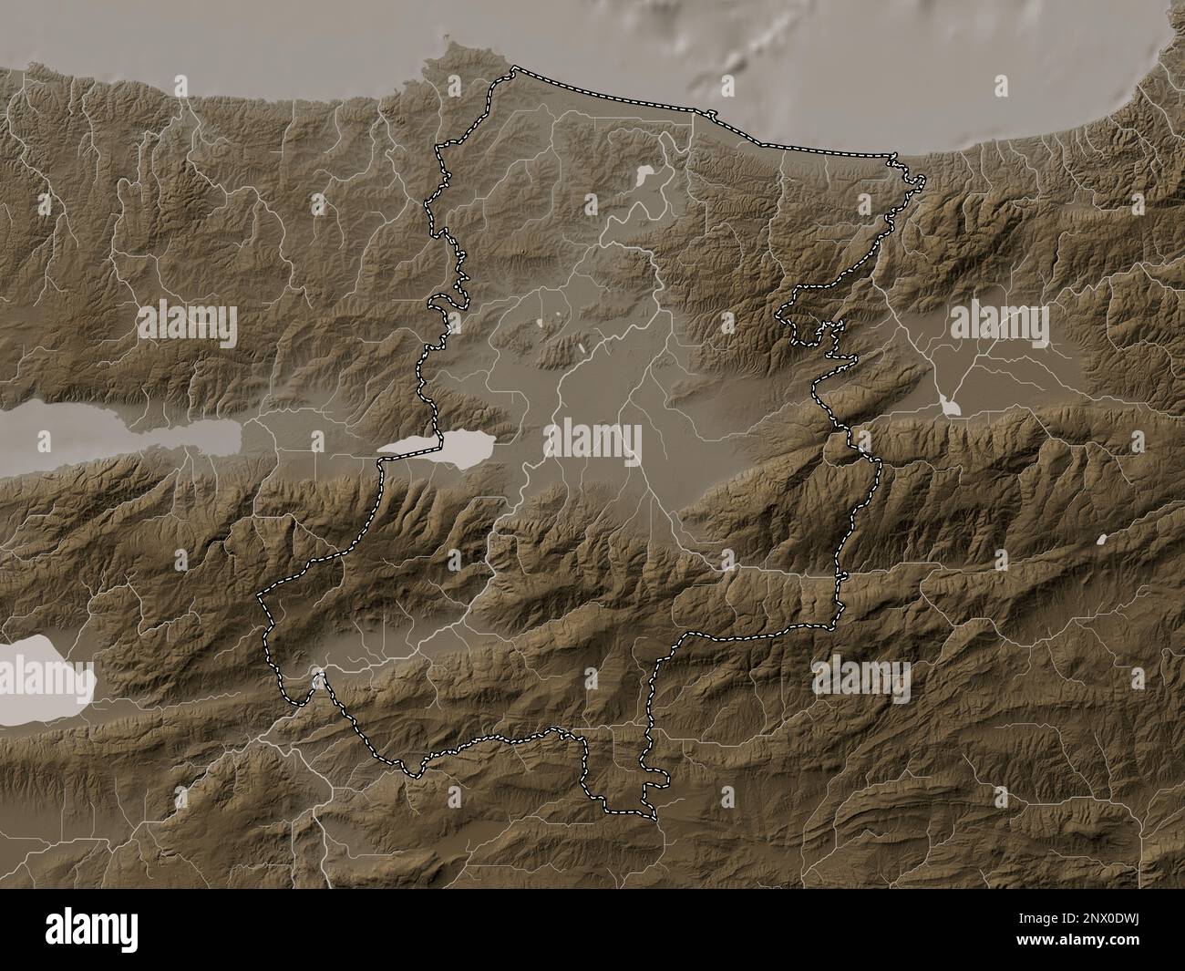 Sakarya, province of Turkiye. Elevation map colored in sepia tones with ...