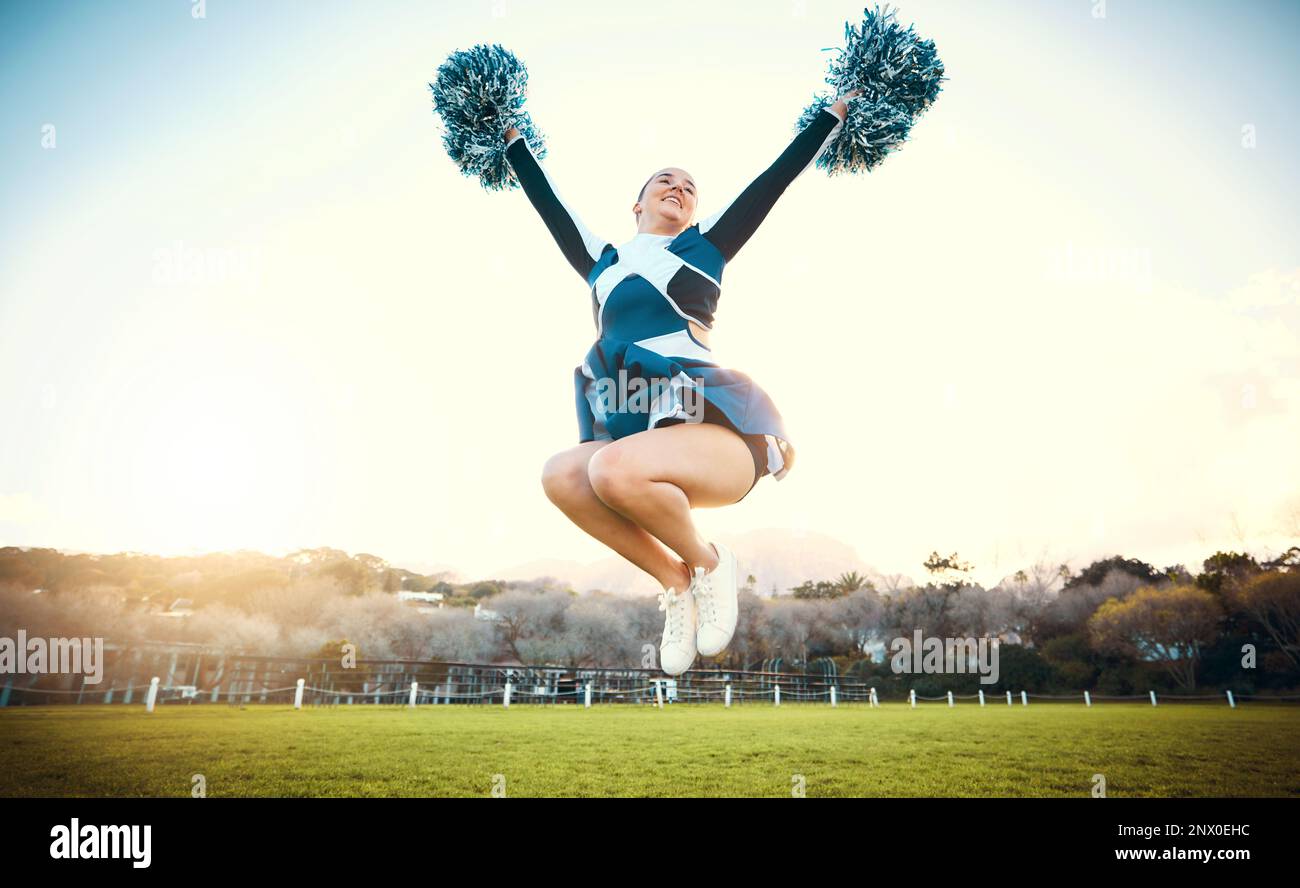 Sports woman, sky and cheerleader jump with energy to celebrate goal ...