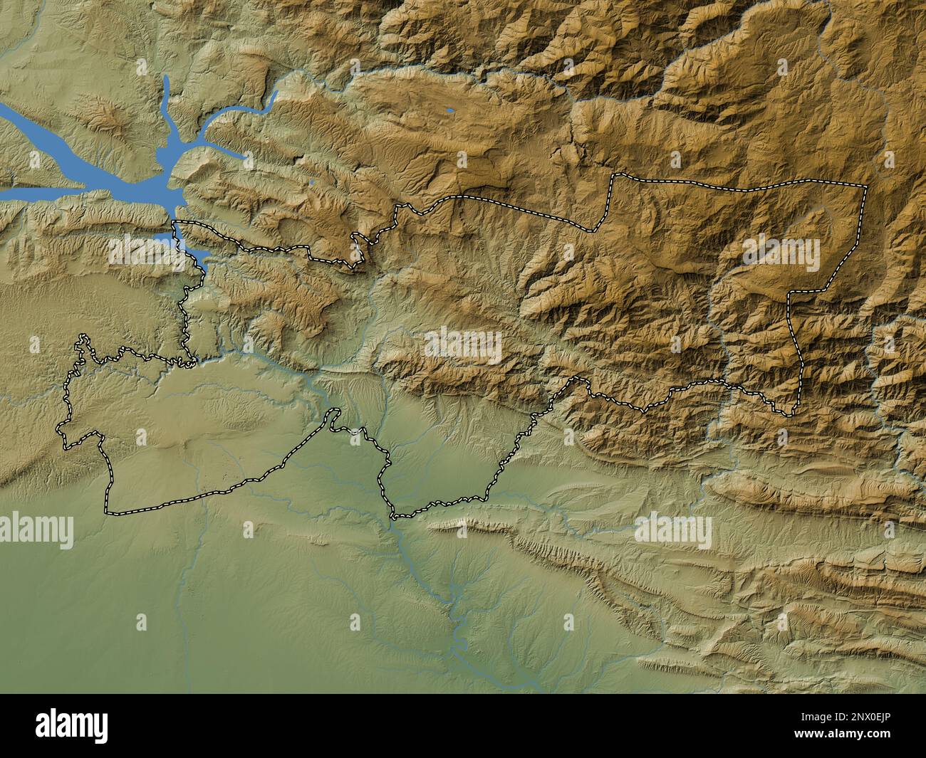 Srnak, province of Turkiye. Colored elevation map with lakes and rivers ...