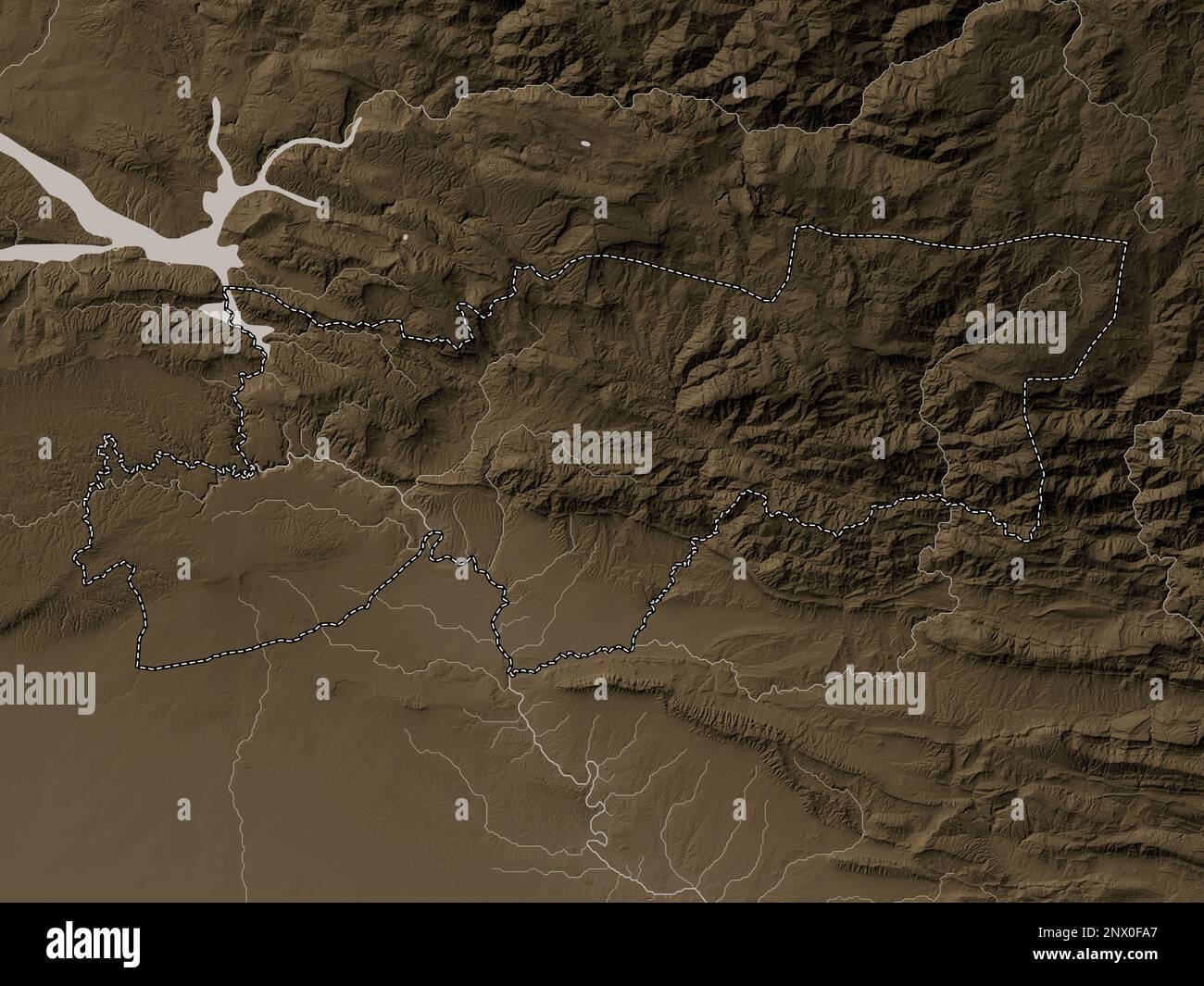 Srnak, province of Turkiye. Elevation map colored in sepia tones with ...