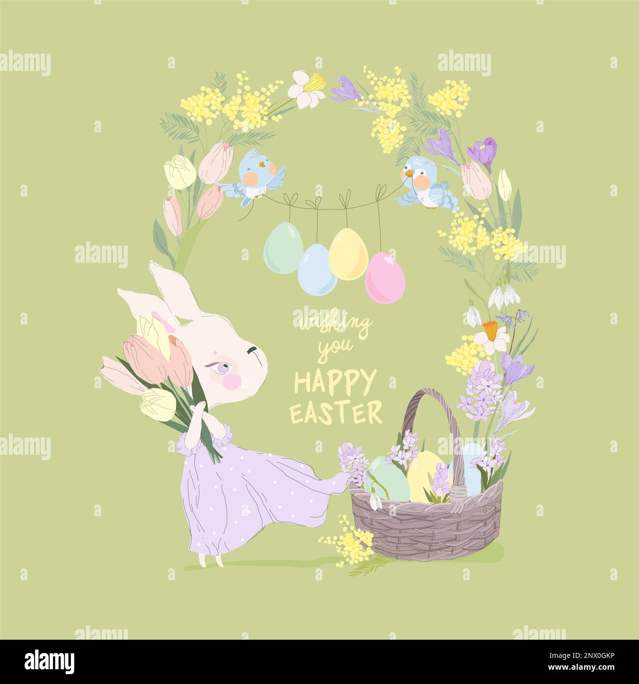 Cute Cartoon Easter Card with Beautiful Bunny wearing Dress and Spring ...