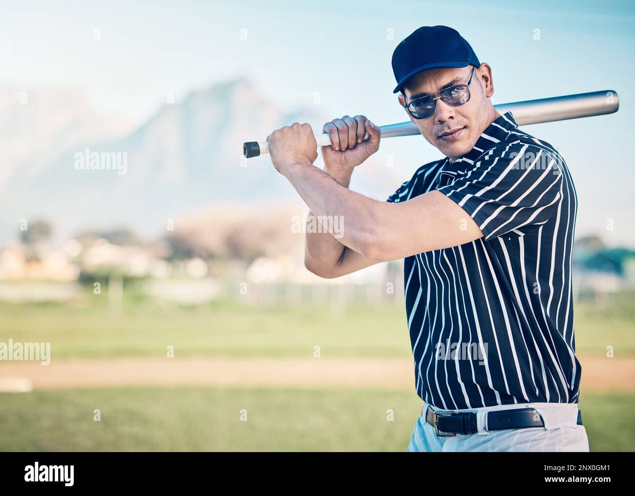 Baseball player, man with bat and sports outdoor with athlete, exercise ...