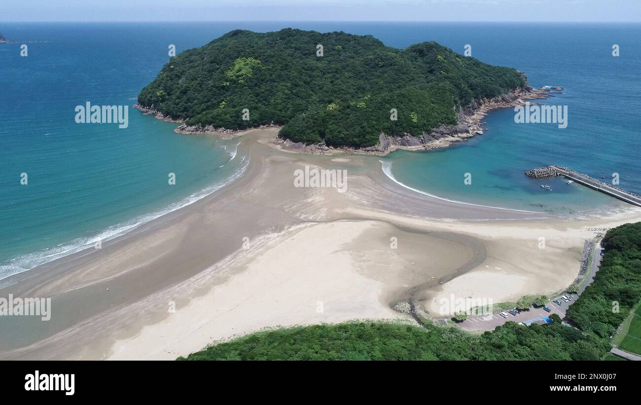 A picture shows Kojima Island connected by "sand road" to main land ...