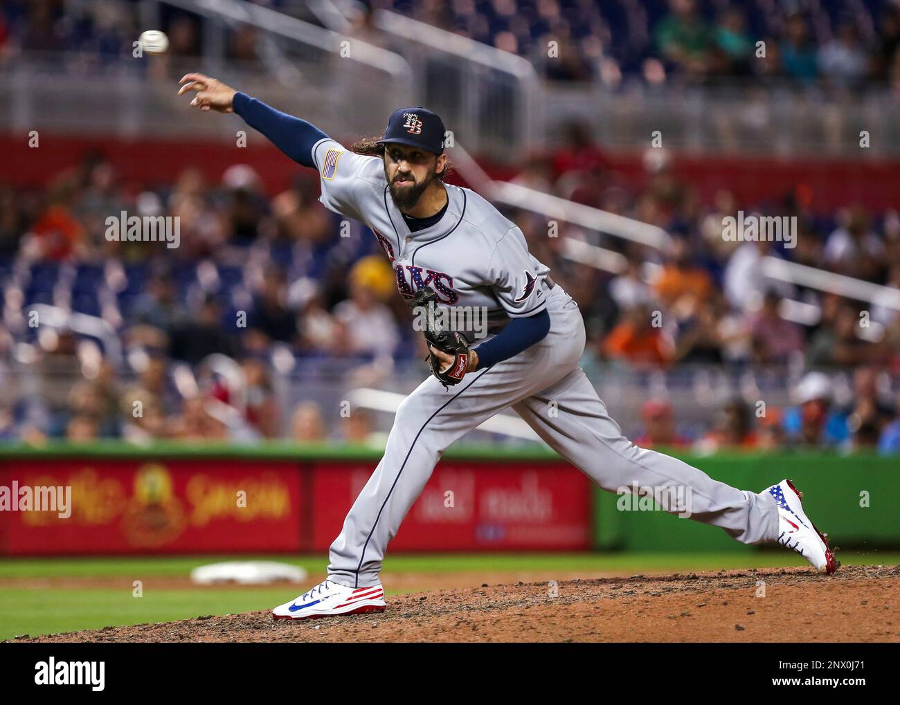 July 03, 2018: Tampa Bay Rays relief pitcher Chaz Roe (52) delivers a ...