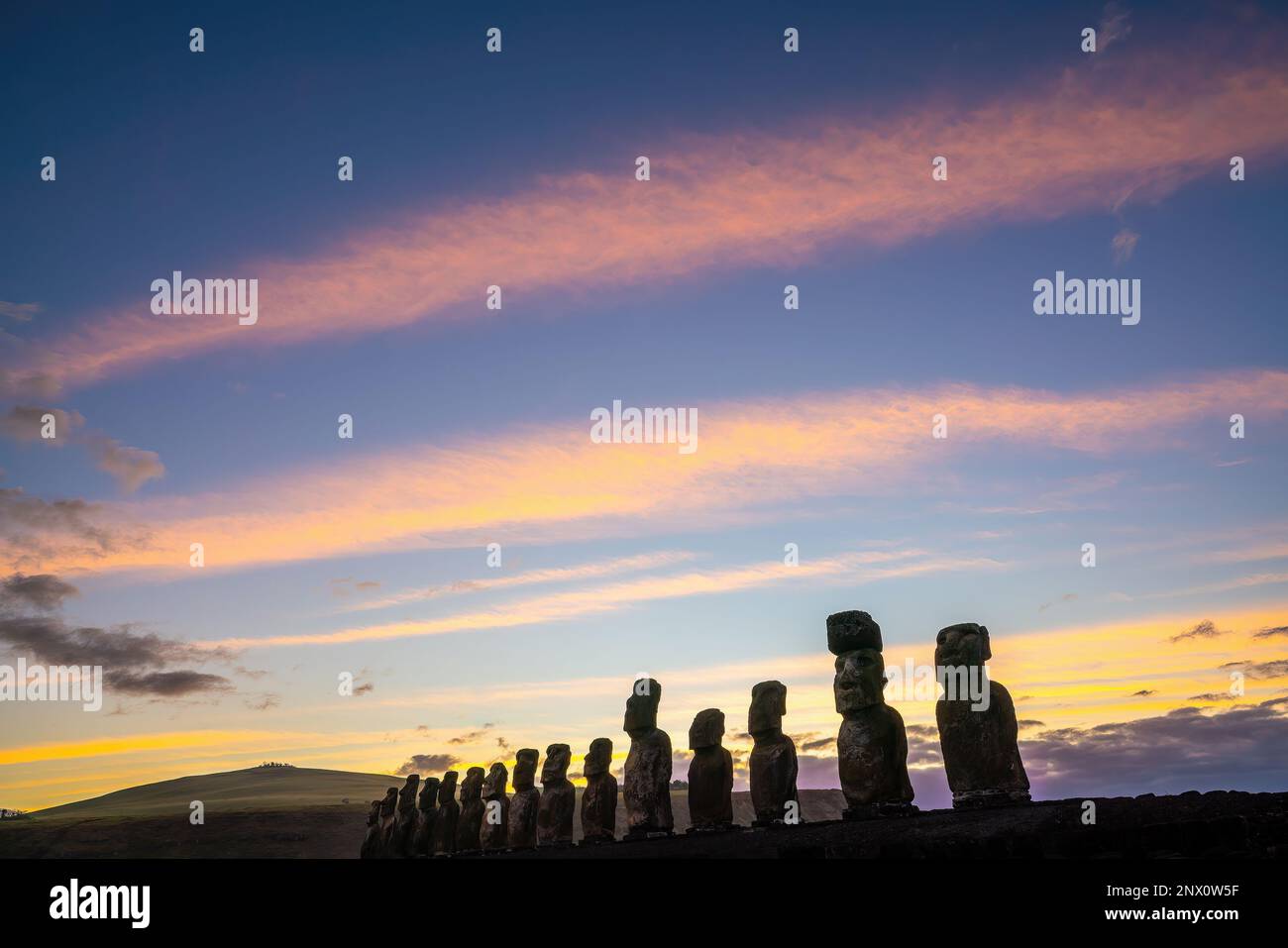 The ancient moai of Ahu Togariki, on Easter Island of Chile at sunrise ...