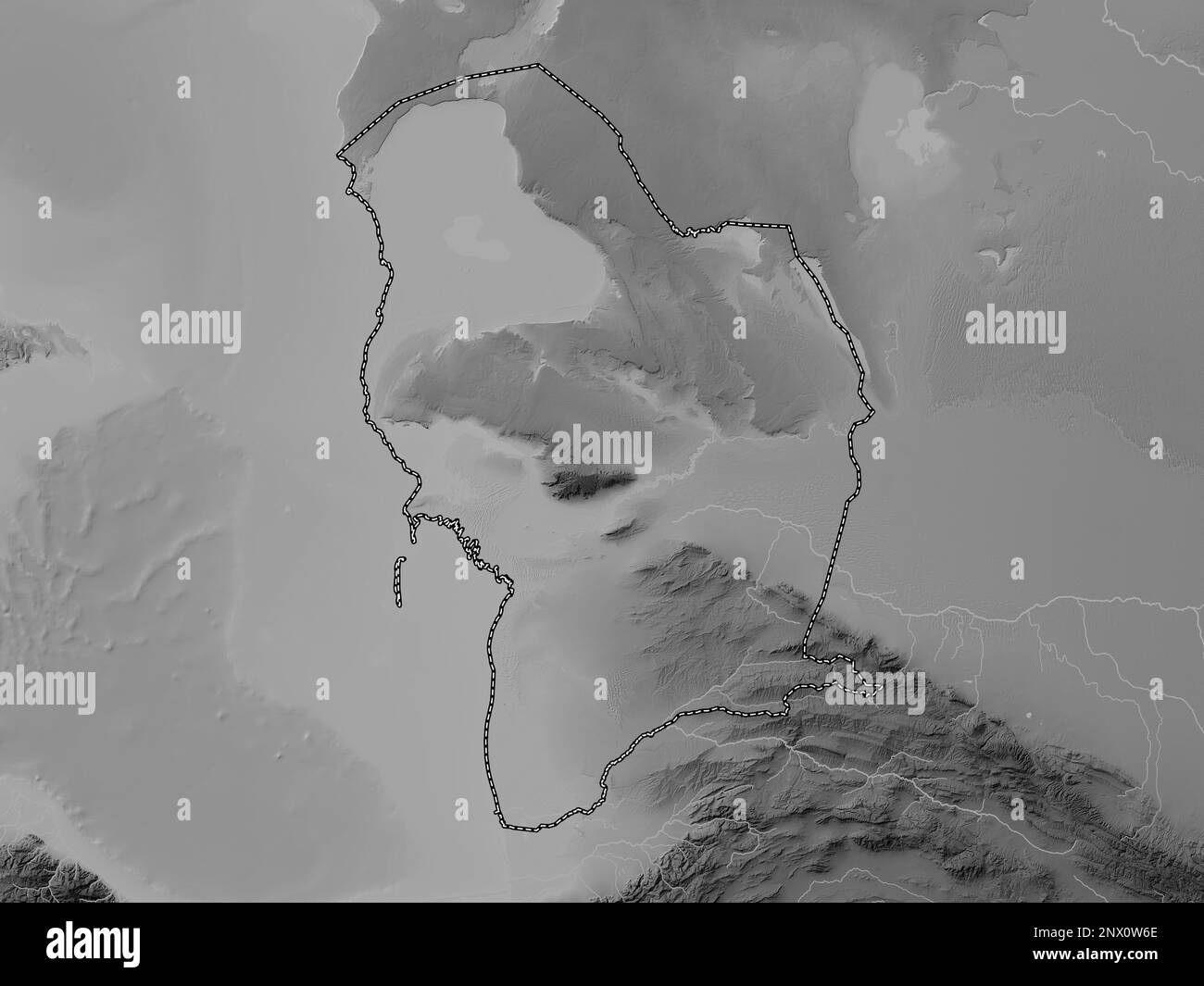 Balkan, province of Turkmenistan. Grayscale elevation map with lakes ...