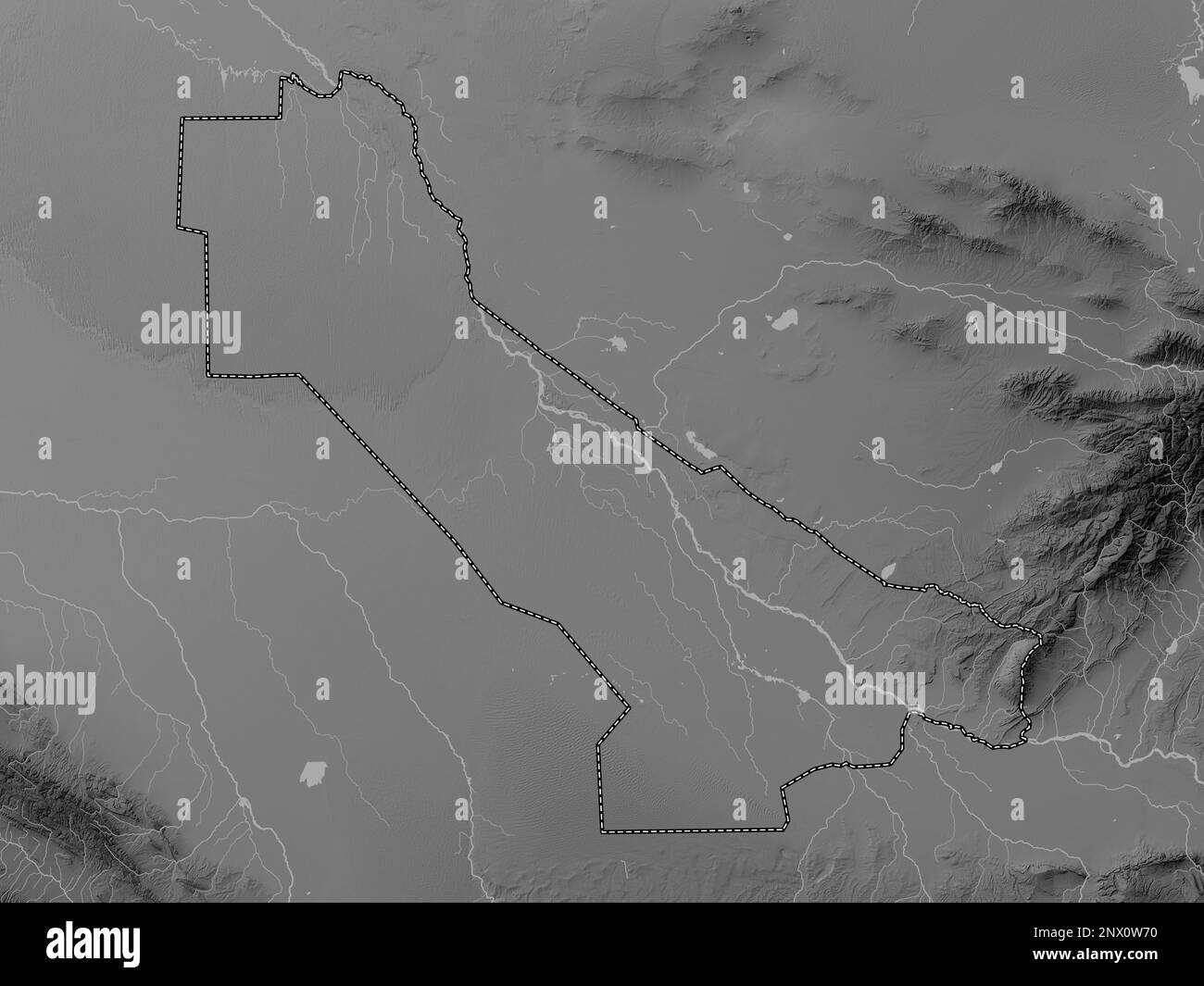 Chardzhou, province of Turkmenistan. Grayscale elevation map with lakes ...
