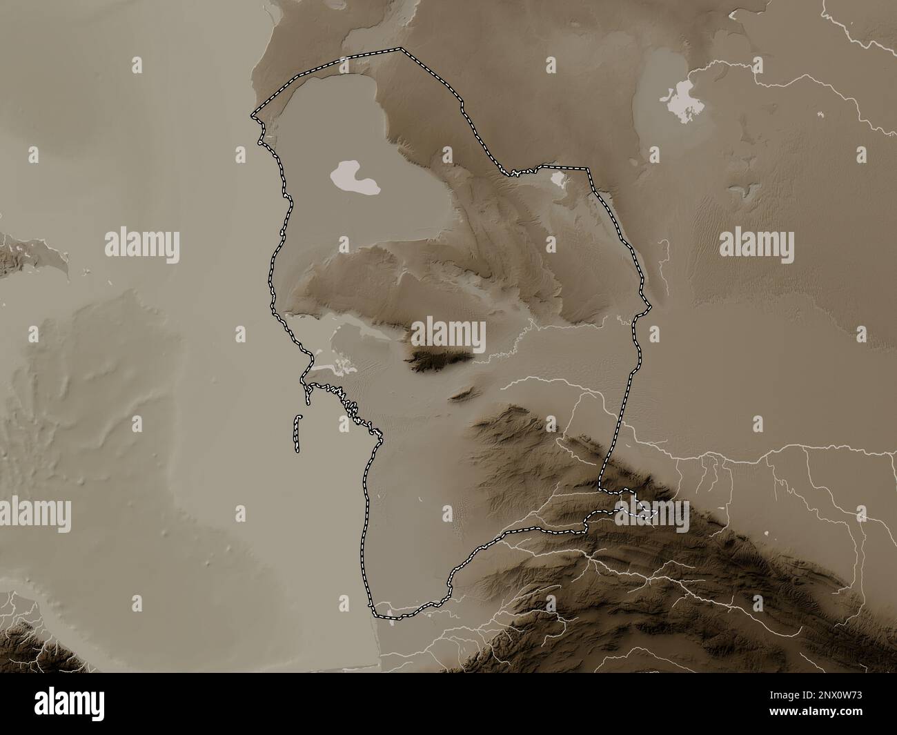 Balkan, province of Turkmenistan. Elevation map colored in sepia tones ...