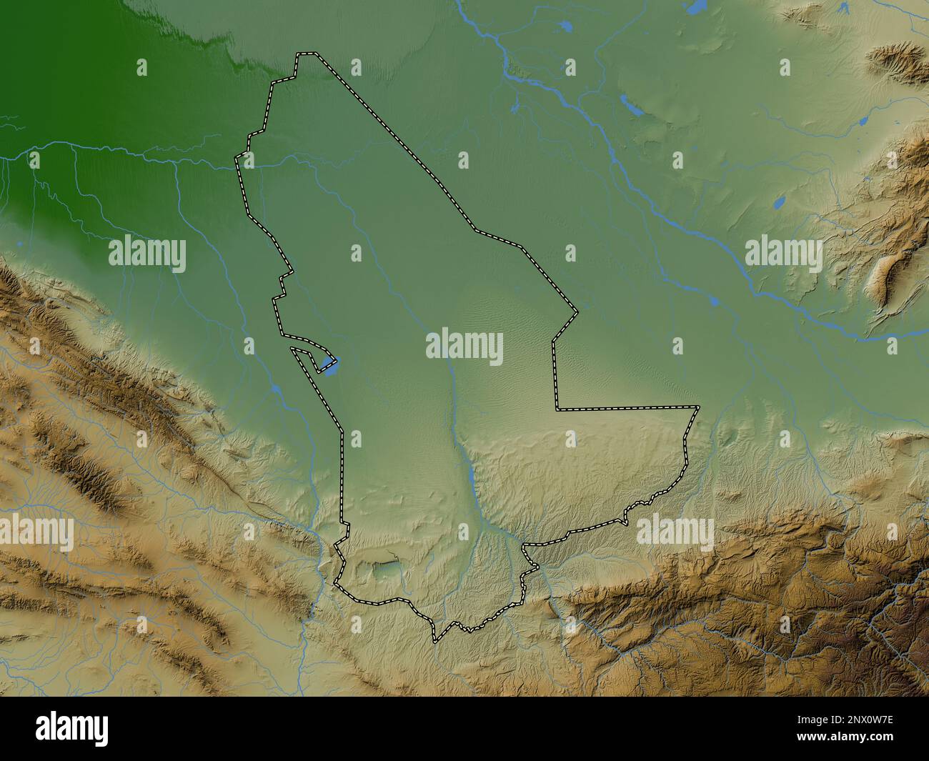 Mary, province of Turkmenistan. Colored elevation map with lakes and ...
