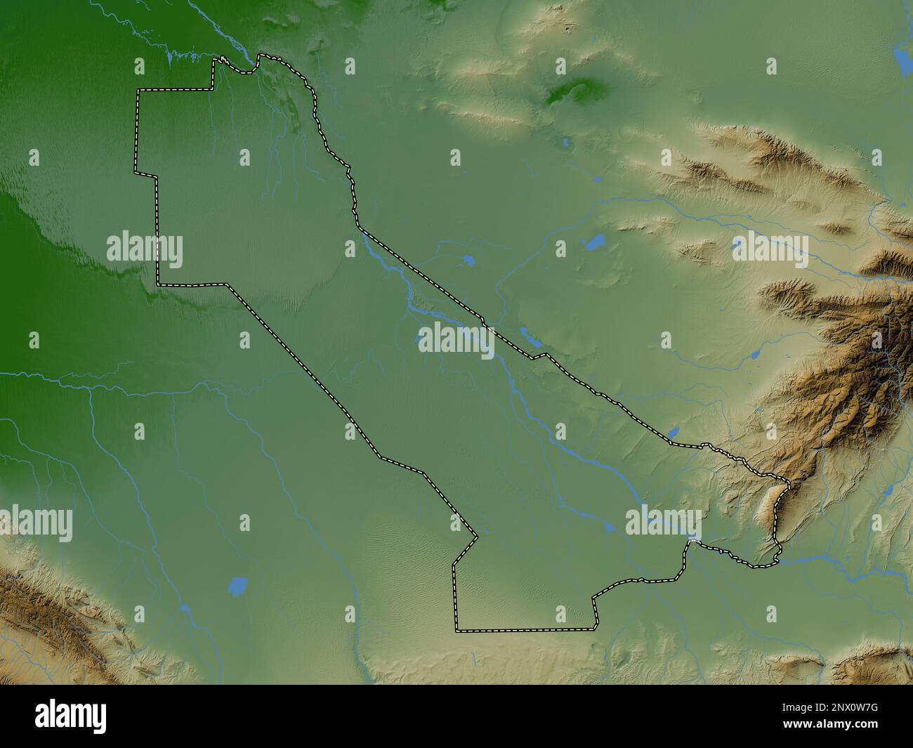 Chardzhou, province of Turkmenistan. Colored elevation map with lakes ...