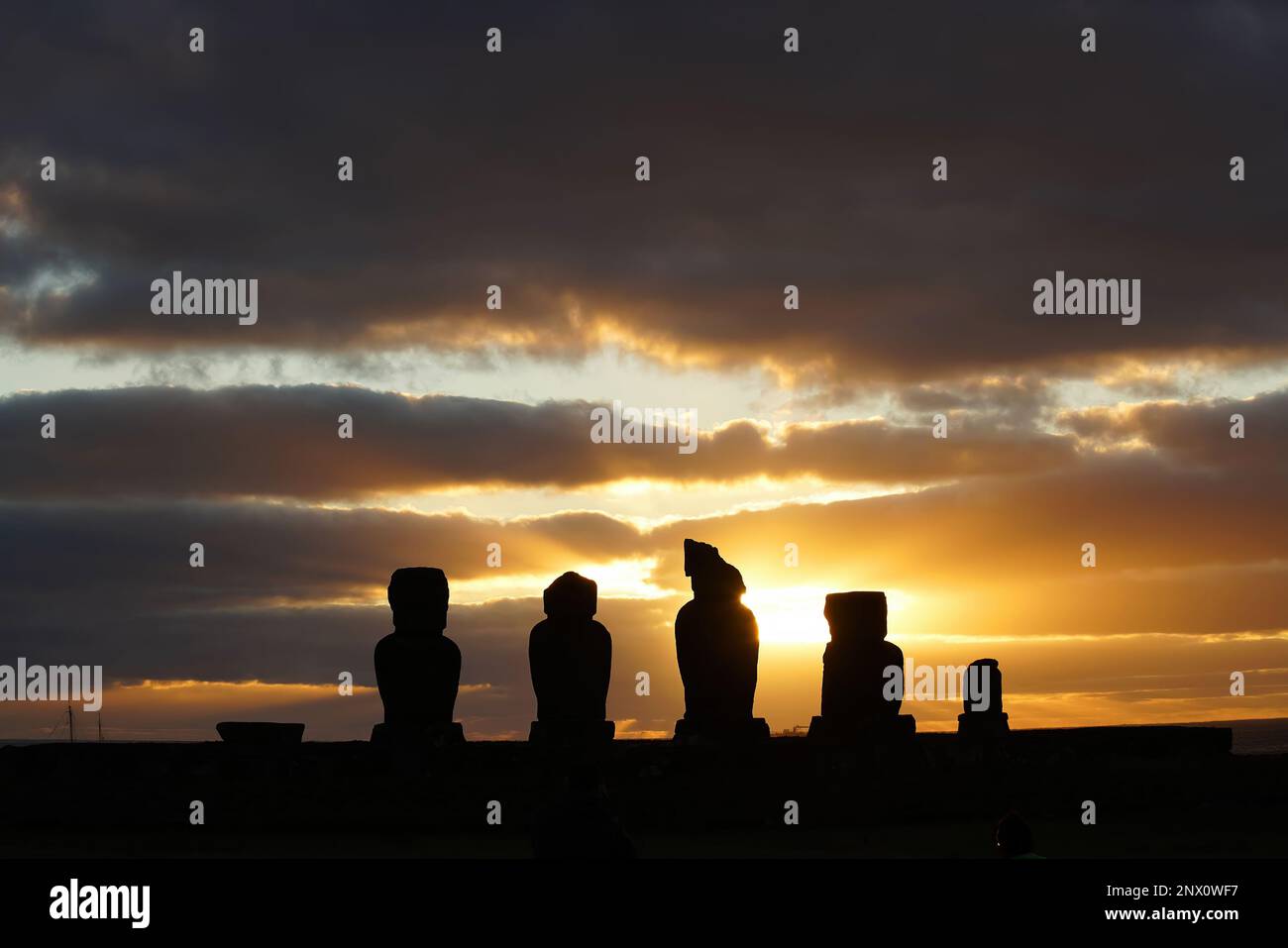 The ancient moai on Easter Island of Chile at sunset Stock Photo - Alamy