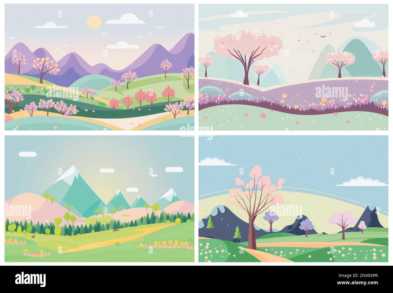 Peaceful natural landscape illustration with green trees, rolling hills ...