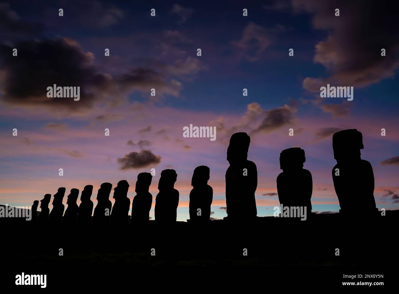 The ancient moai of Ahu Togariki, on Easter Island of Chile at sunrise ...