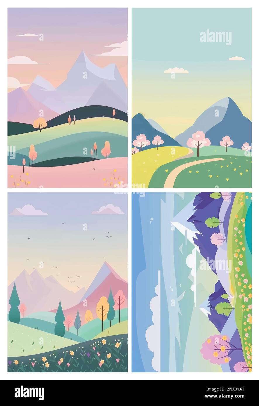 Peaceful natural landscape illustration with green trees, rolling hills ...