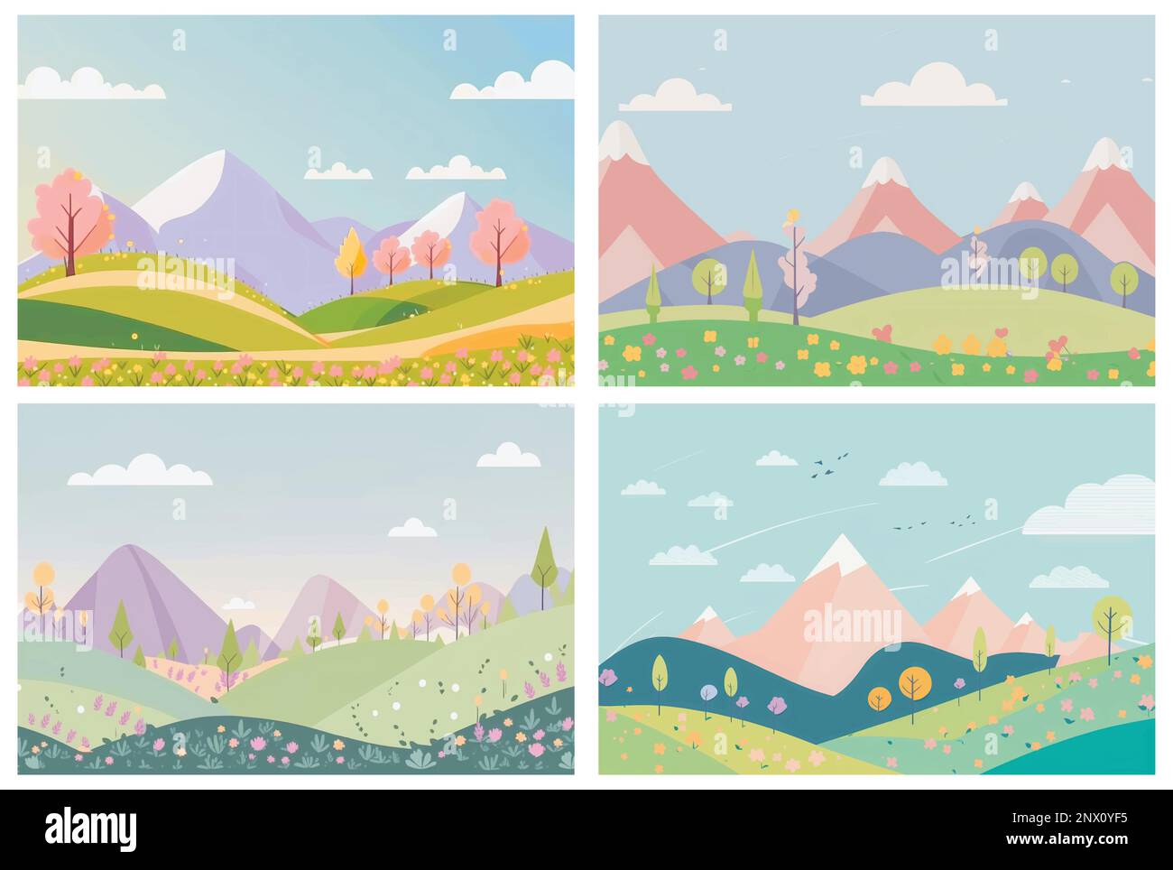 Peaceful natural landscape illustration with green trees, rolling hills ...