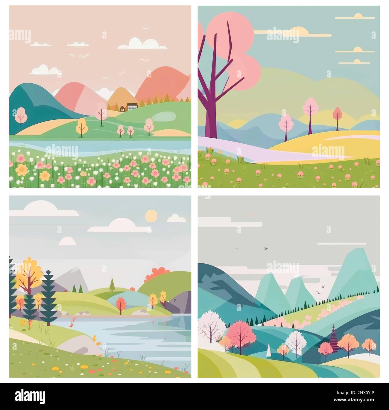 Peaceful natural landscape illustration with green trees, rolling hills ...